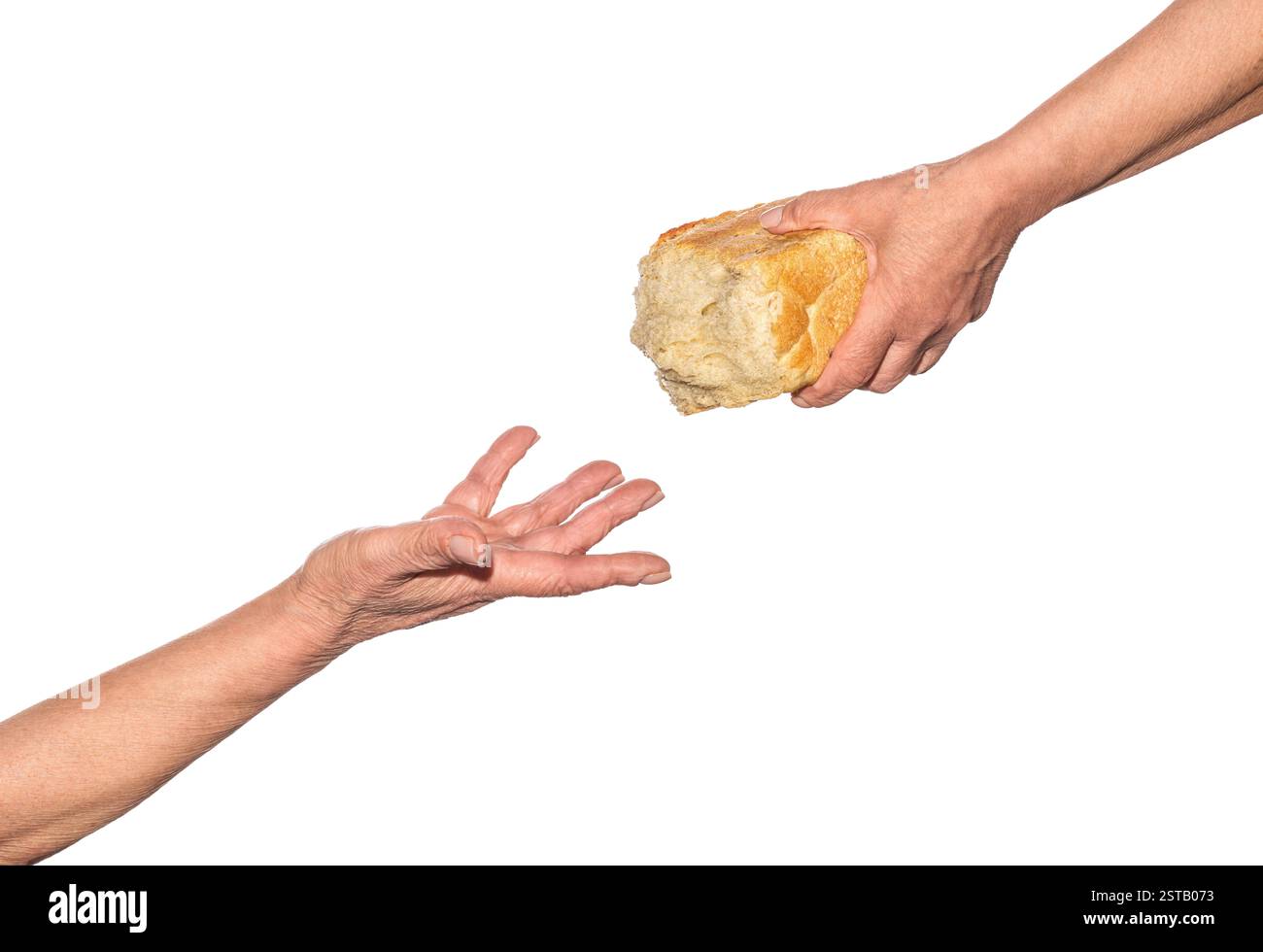 Poverty and world hunger concept. Hands grabbing for bread. Old man ...