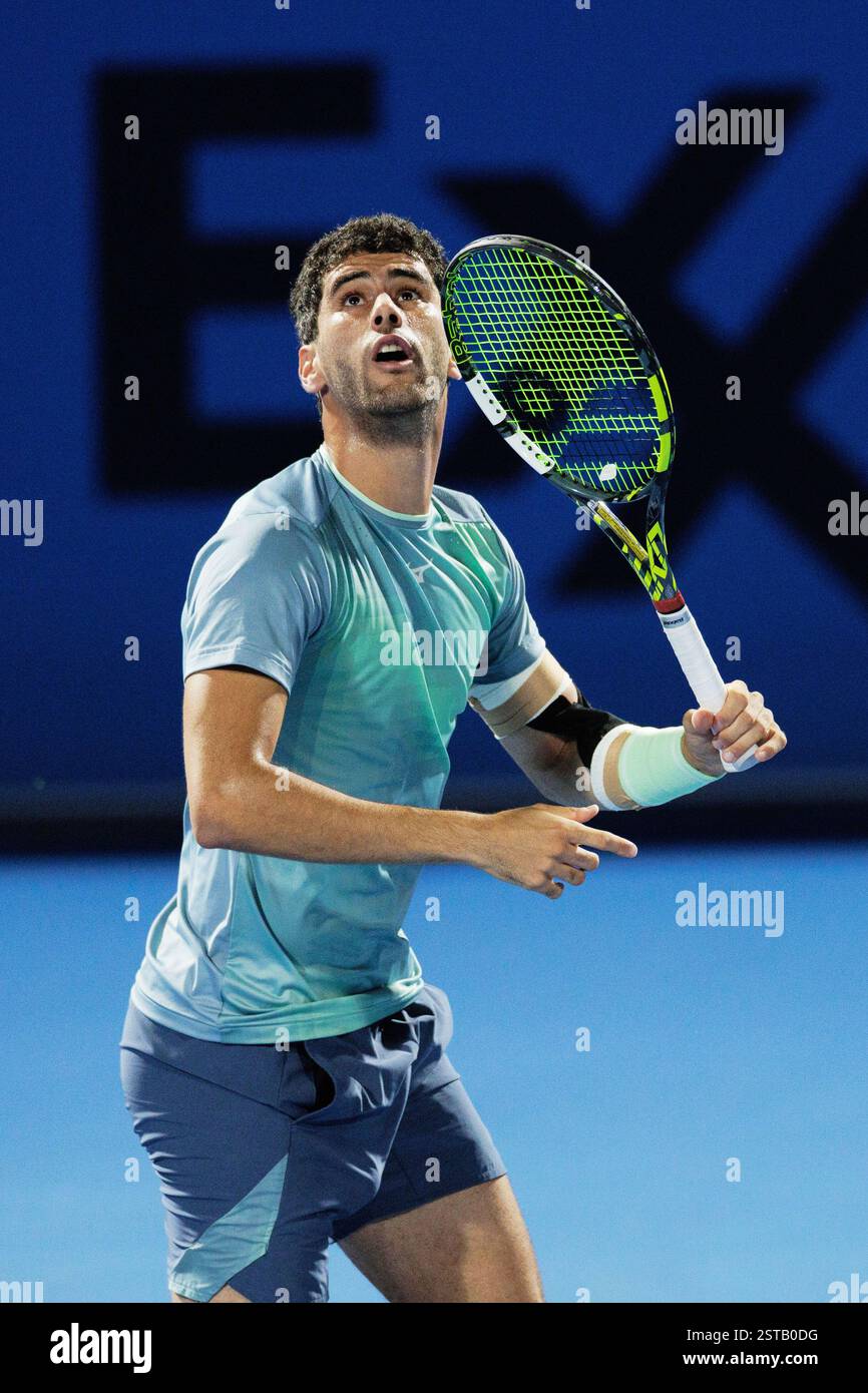 Aziz Dougaz of Tunisia during the 2025 Qatar ExxonMobil Open, ATP 500 ...