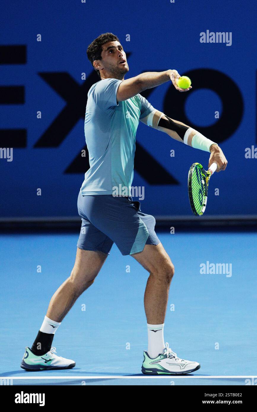 Aziz Dougaz of Tunisia during the 2025 Qatar ExxonMobil Open, ATP 500 ...