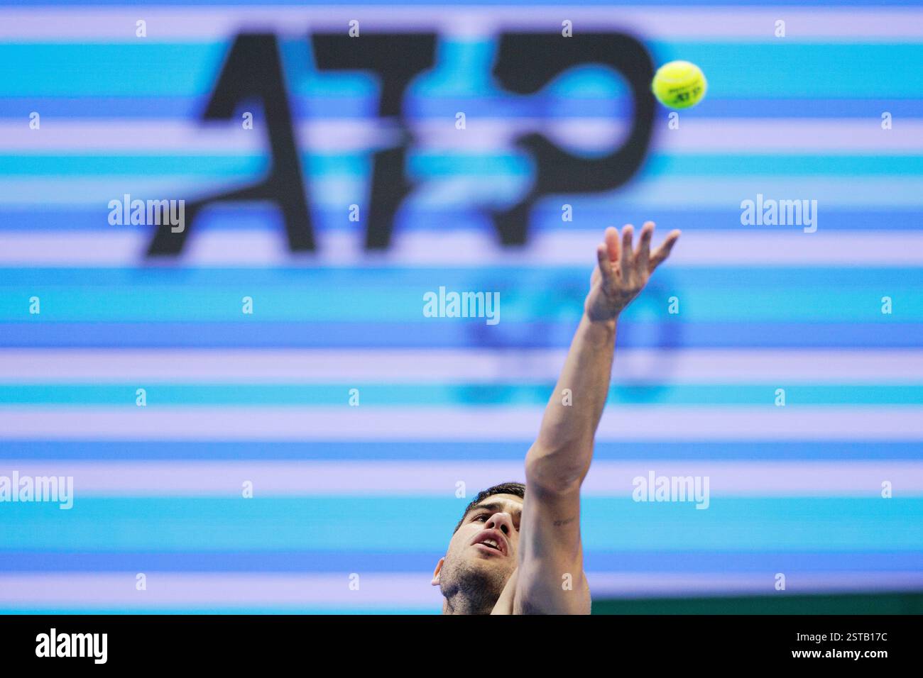 Carlos Alcaraz of Spain during the 2025 Qatar ExxonMobil Open, ATP 500 ...
