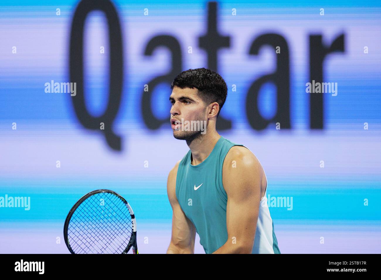 Carlos Alcaraz of Spain during the 2025 Qatar ExxonMobil Open, ATP 500 ...