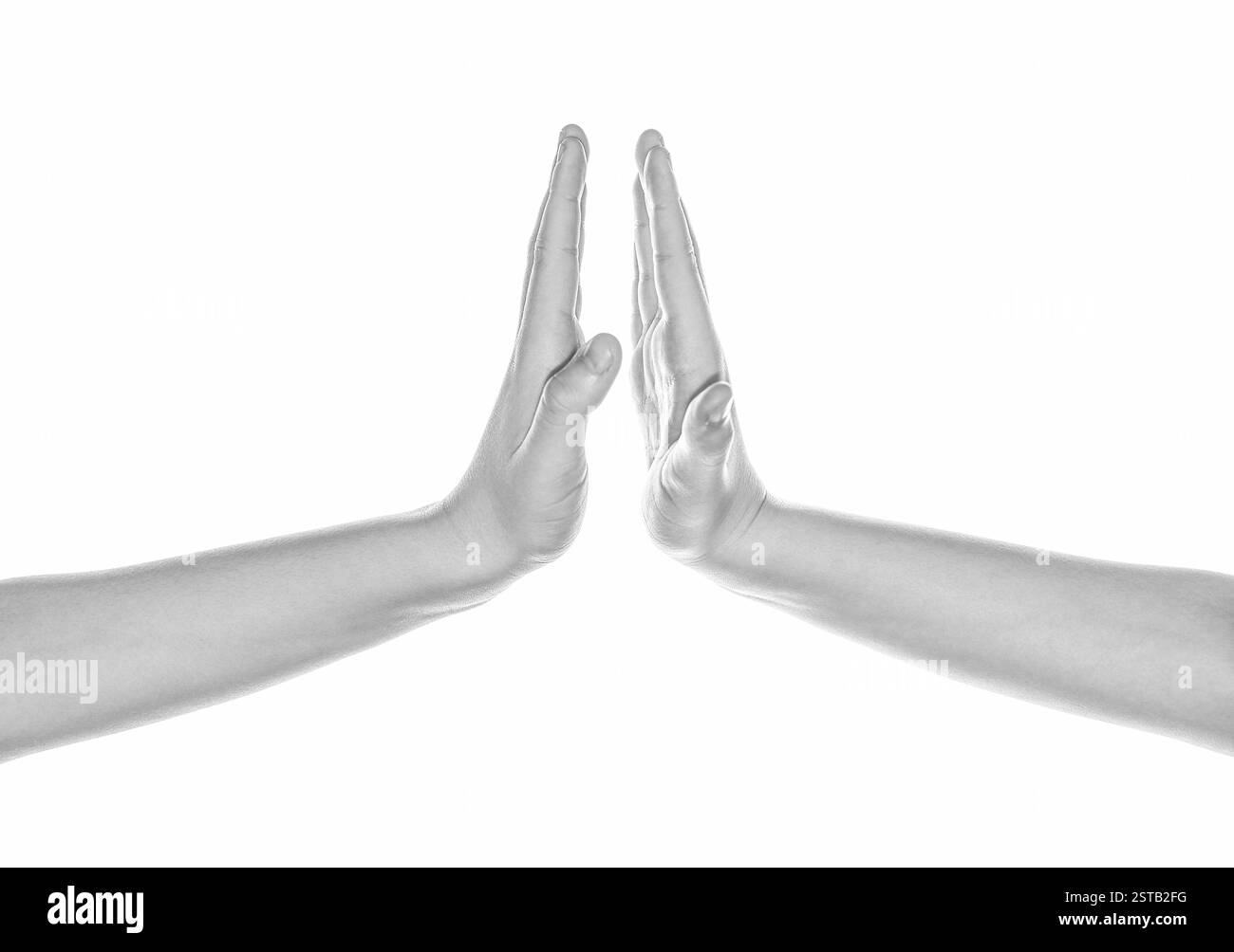 People giving high five on white background, closeup. Two hands ...