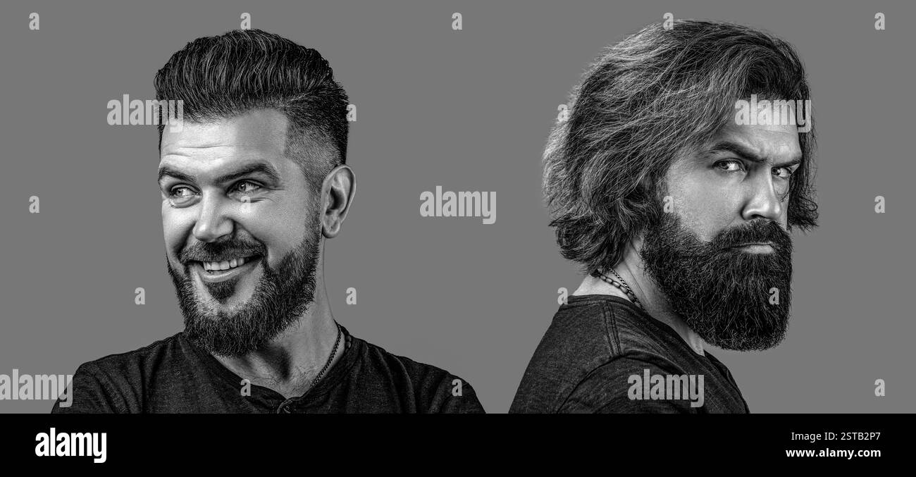 Stylish hairstyle, beard and unstylish overgrown man. Male beauty ...