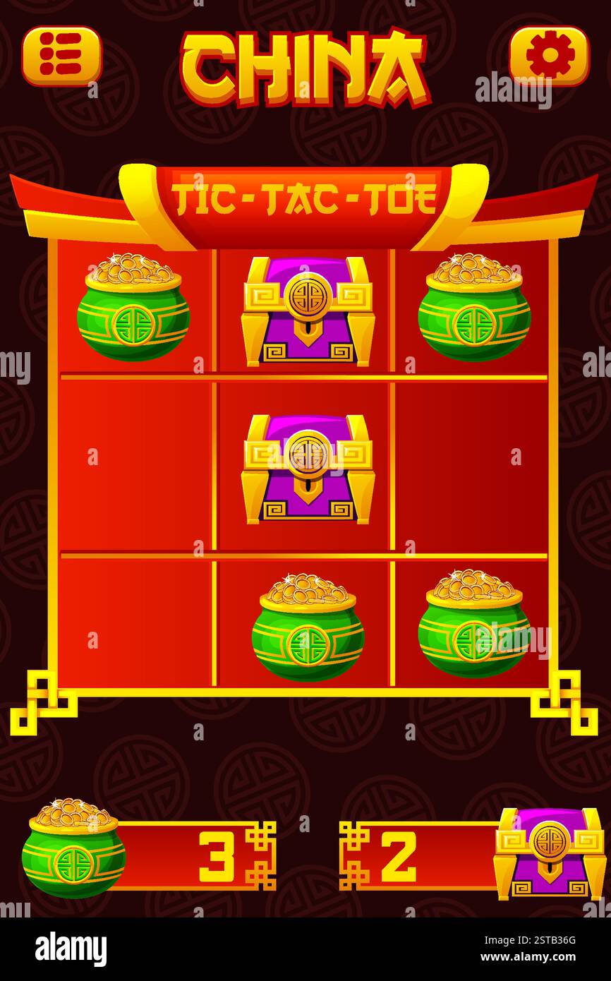 TIC TAC TOE UI in Chinese themed. Chinese icons- Treasure chest and pot ...