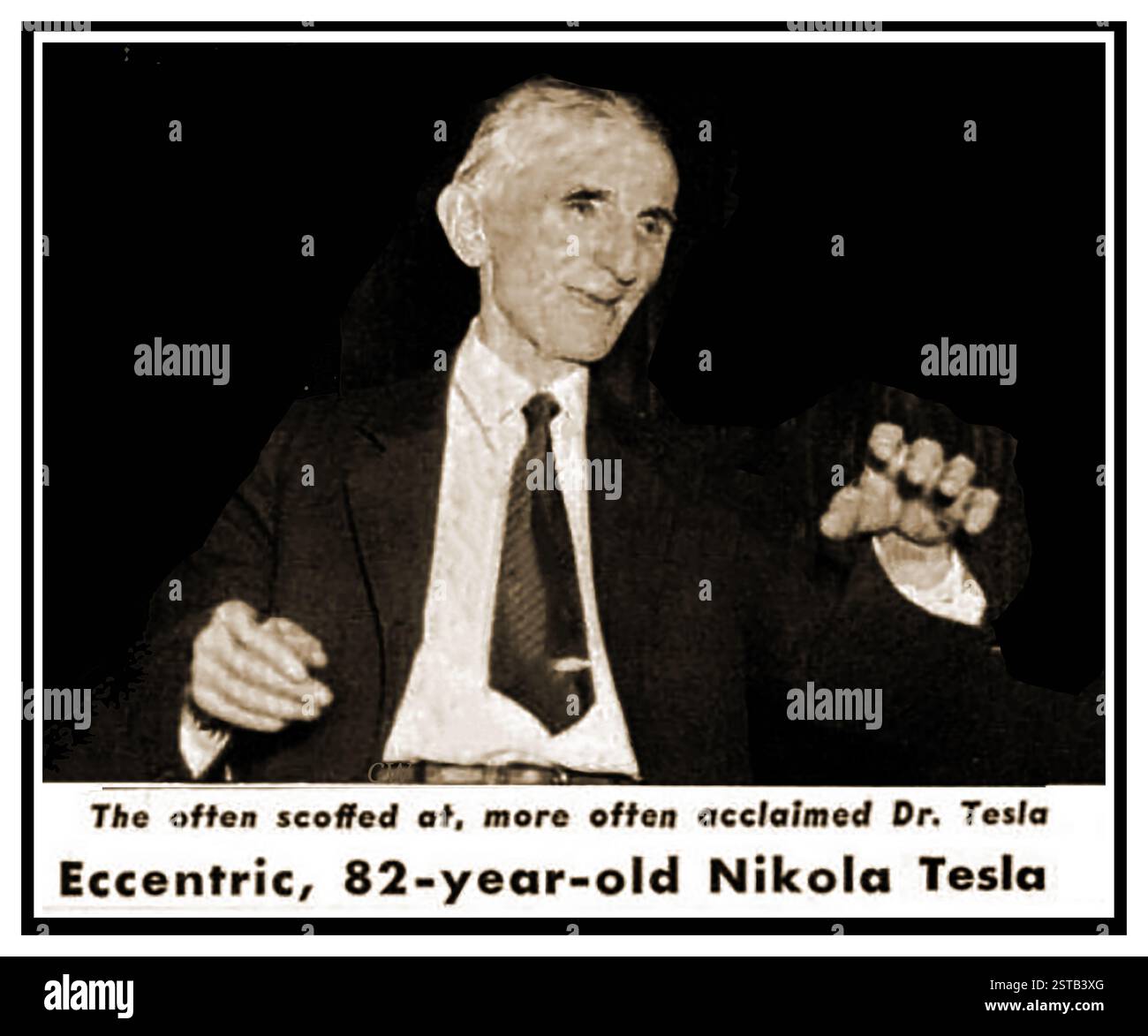 A newspaper portrait of Dr Nikola Tesla (1856-1943) aged 82 describing ...