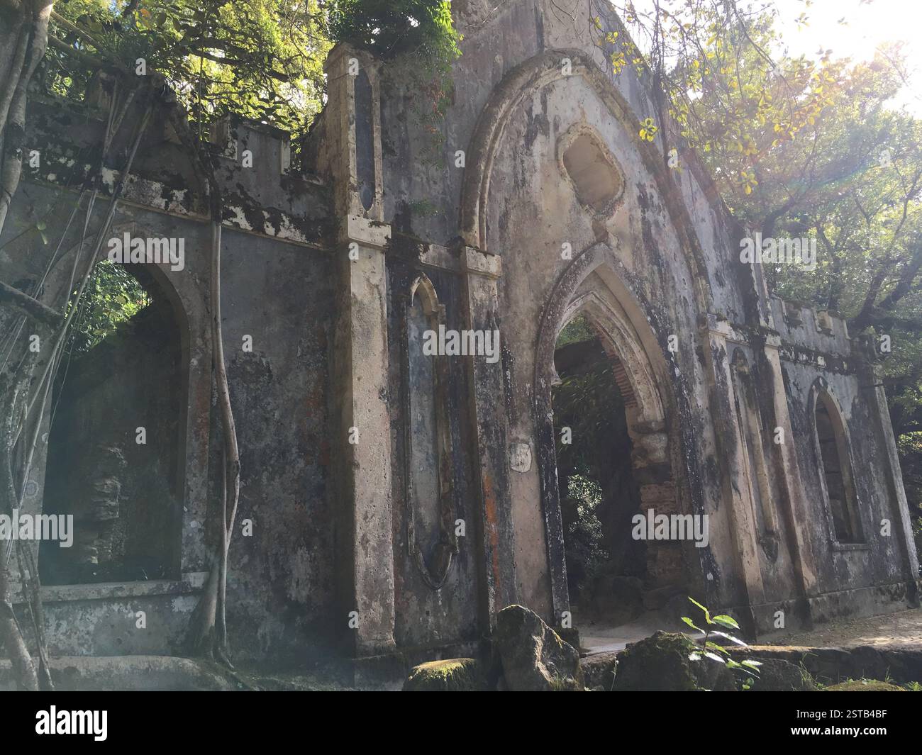 Ruin of Monserrate Palace, Sintra, Portugal. Gothic architecture stands ...