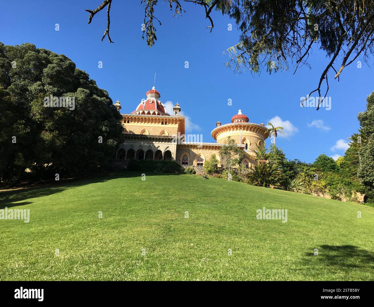 Palace. Romantic Moorish Revival architecture. Lush green lawns. Sintra ...