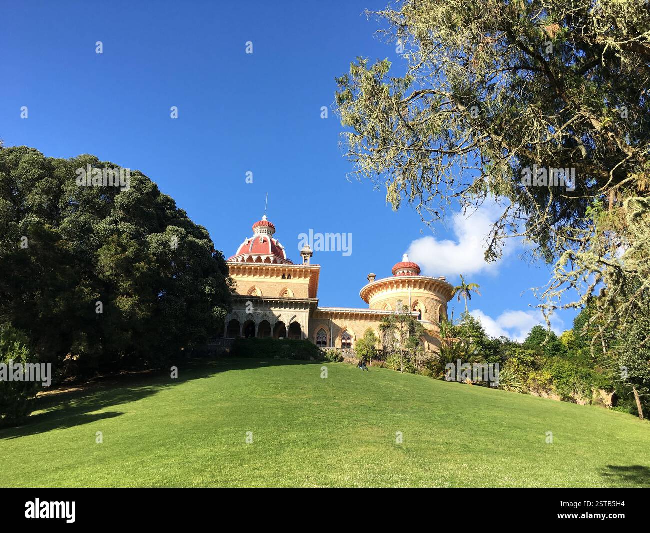 Palace. Romantic Moorish Revival architecture. Lush green lawns. Sintra ...