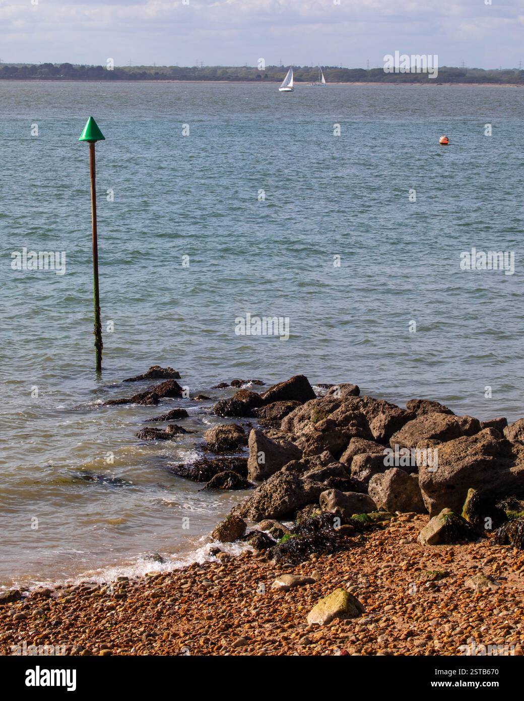 The view across the Solent from Gurnard Bay, on the Isle of Wight, UK ...