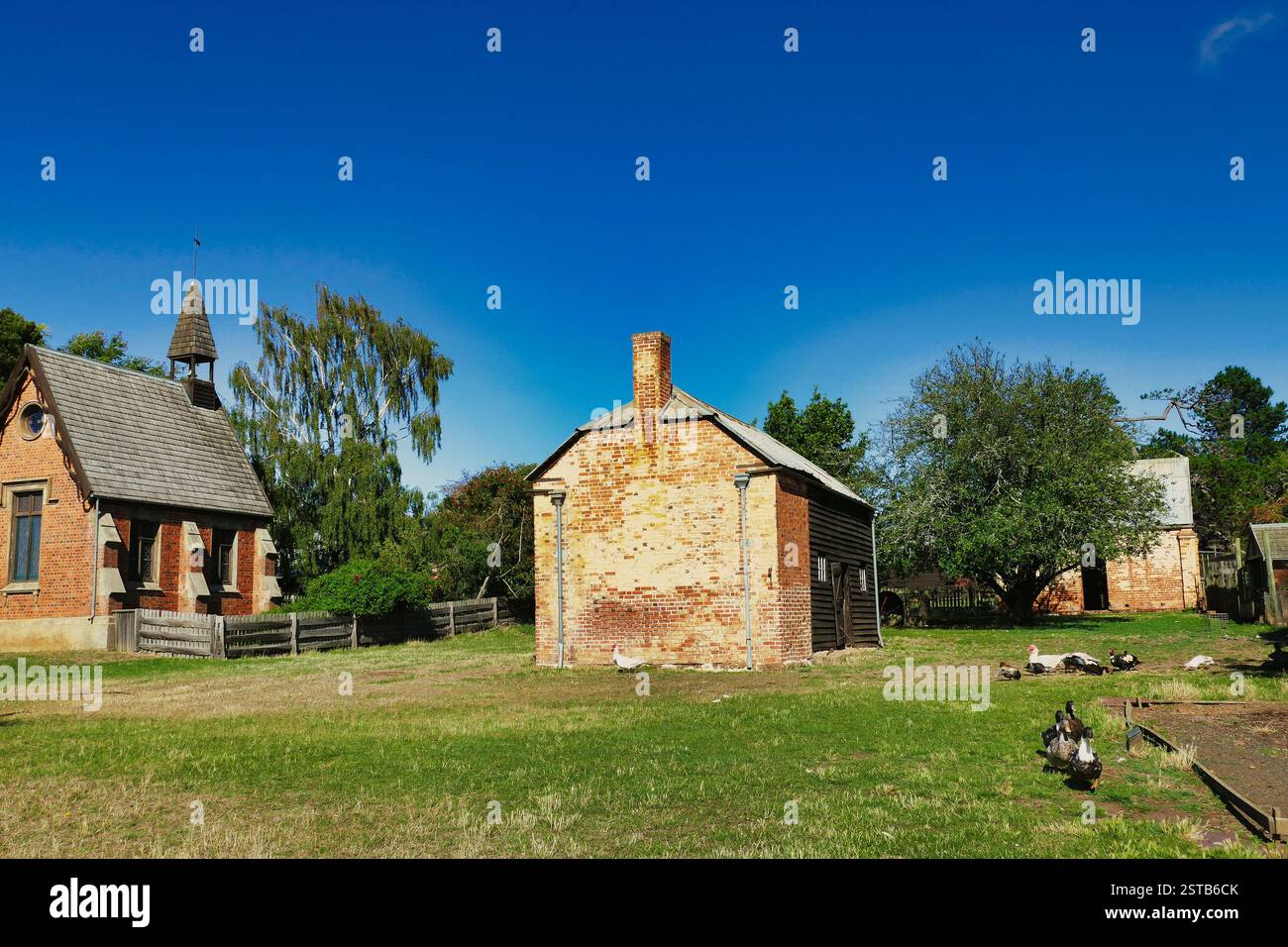 Tiny church, farm buildings and ducks in the historic farm and convict ...