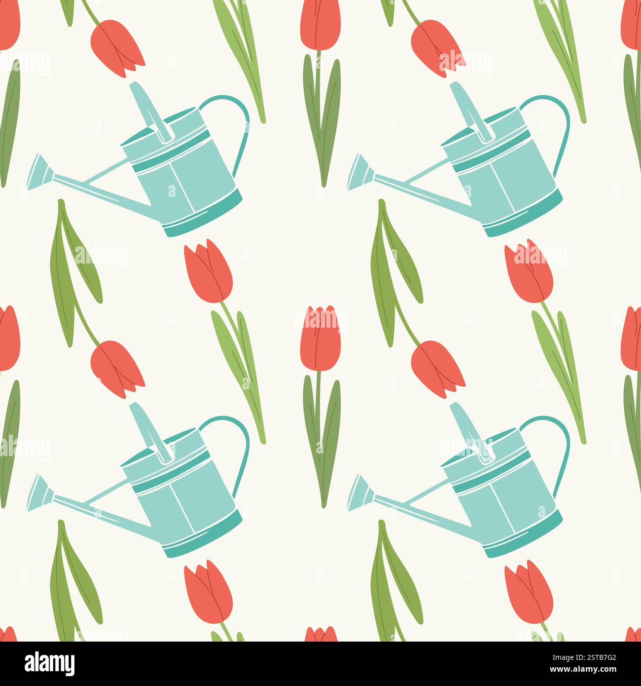 Pattern with garden watering can and red tulips. Spring vibe. Work in ...