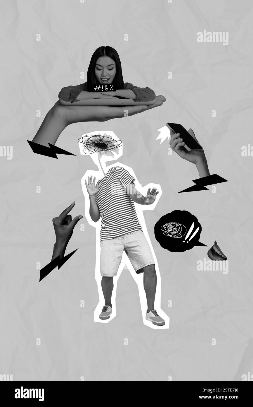 Photo collage sketch artwork poster postcard of upset man victim suffer ...