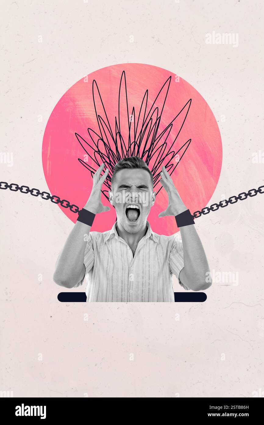 Art image vertical photo collage of angry panic man wear handcuffs trap ...