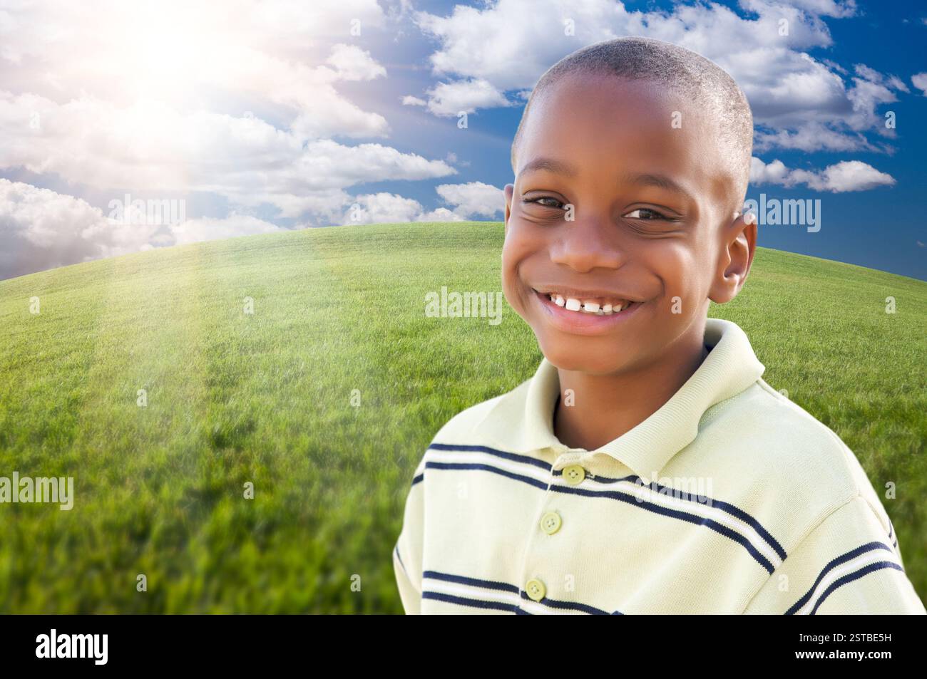 Handsome African American Boy Over Clouds, Sky and Arched Horizon of ...