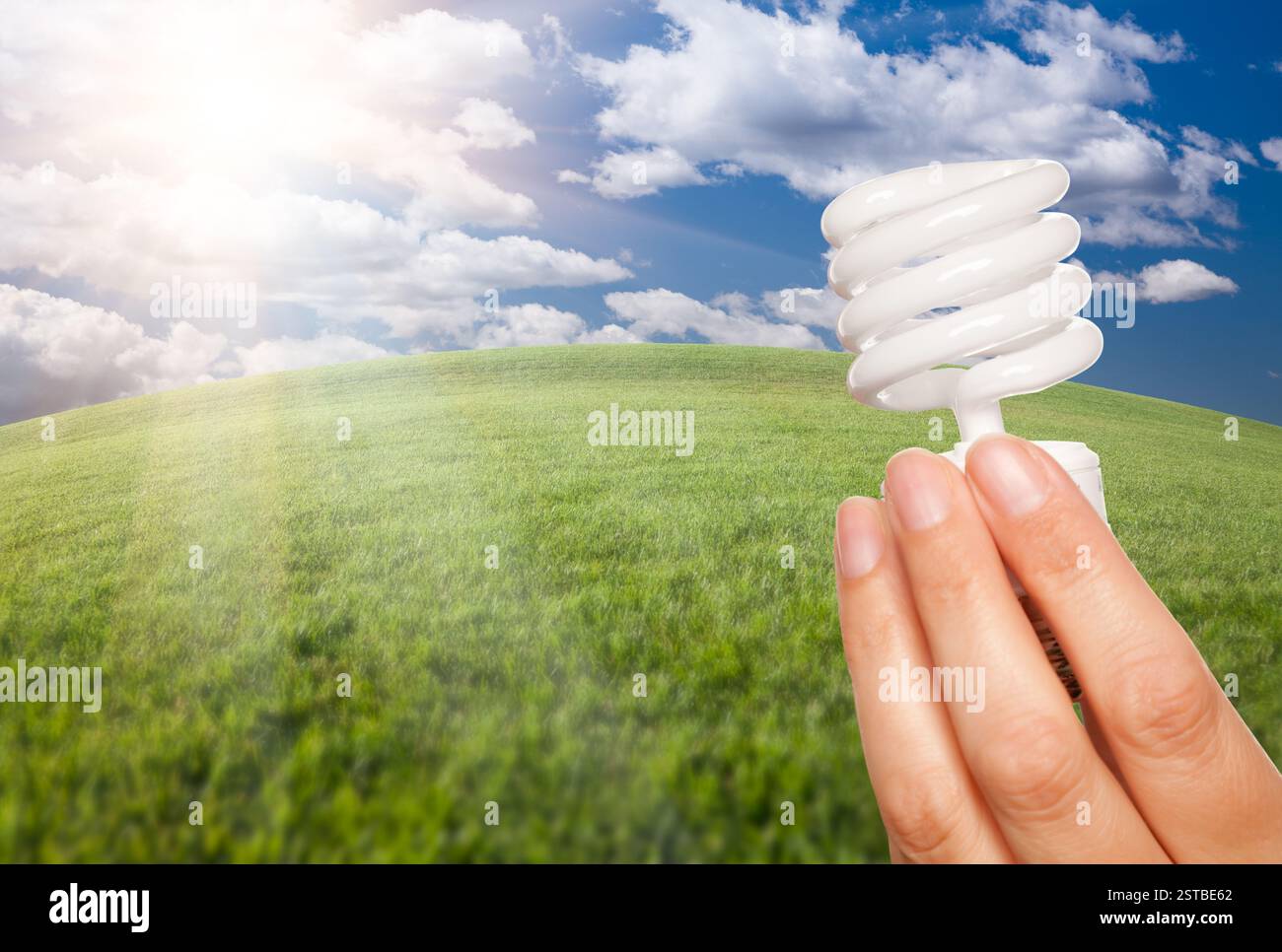 Female Hand Holding Energy Saving Light Bulb Over Arched Horizon of ...
