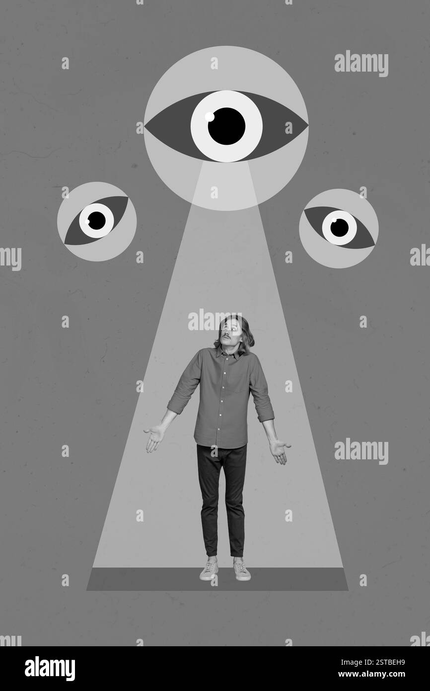 Collage artwork graphics picture of puzzled guy looking up alien eyes ...