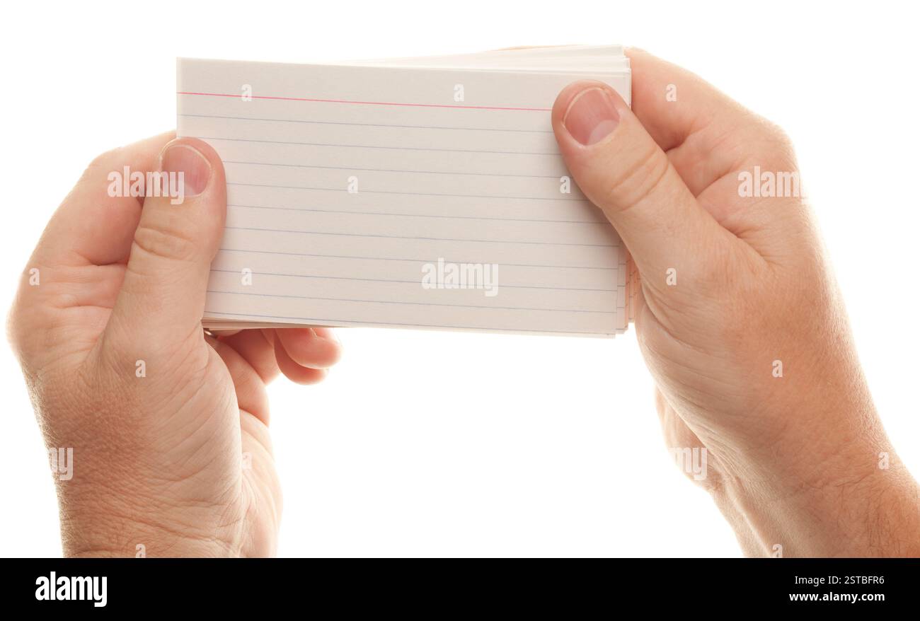Male Hand Holding Stack of Flash Cards Isolated on a White Background ...