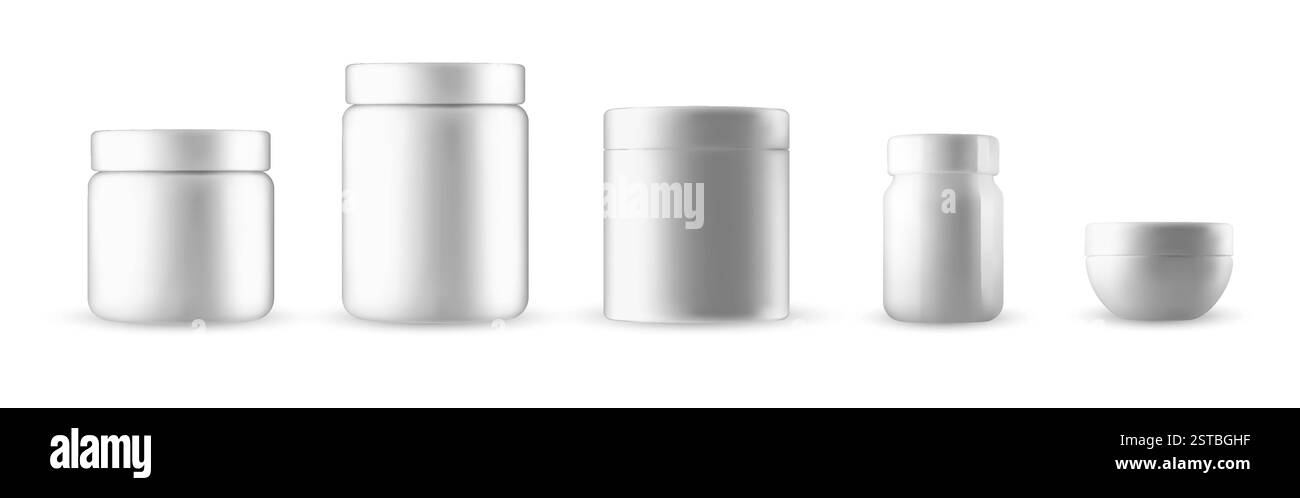 Set of five blank white plastic containers in various shapes and sizes ...