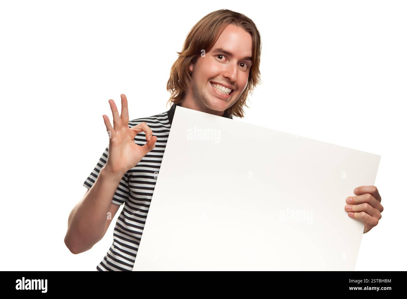 Fun Young Man with Okay Sign Holding Blank White Sign Isolated on a ...