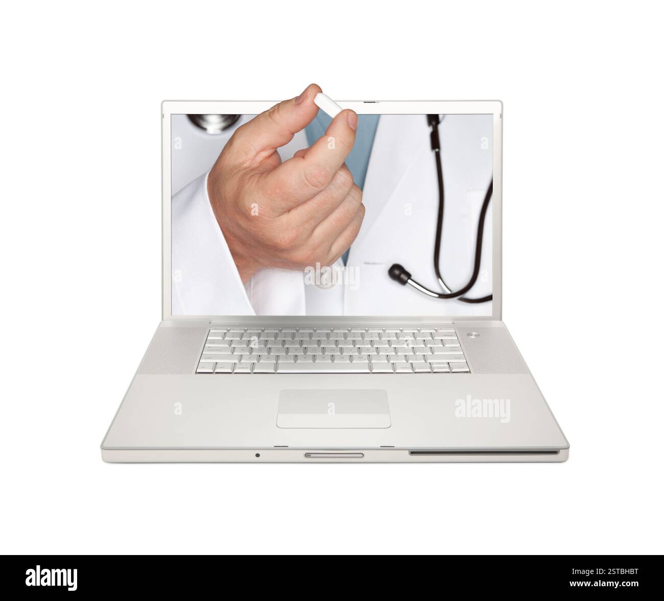Doctor Handing Pill Through Laptop Screen Isolated on a White ...