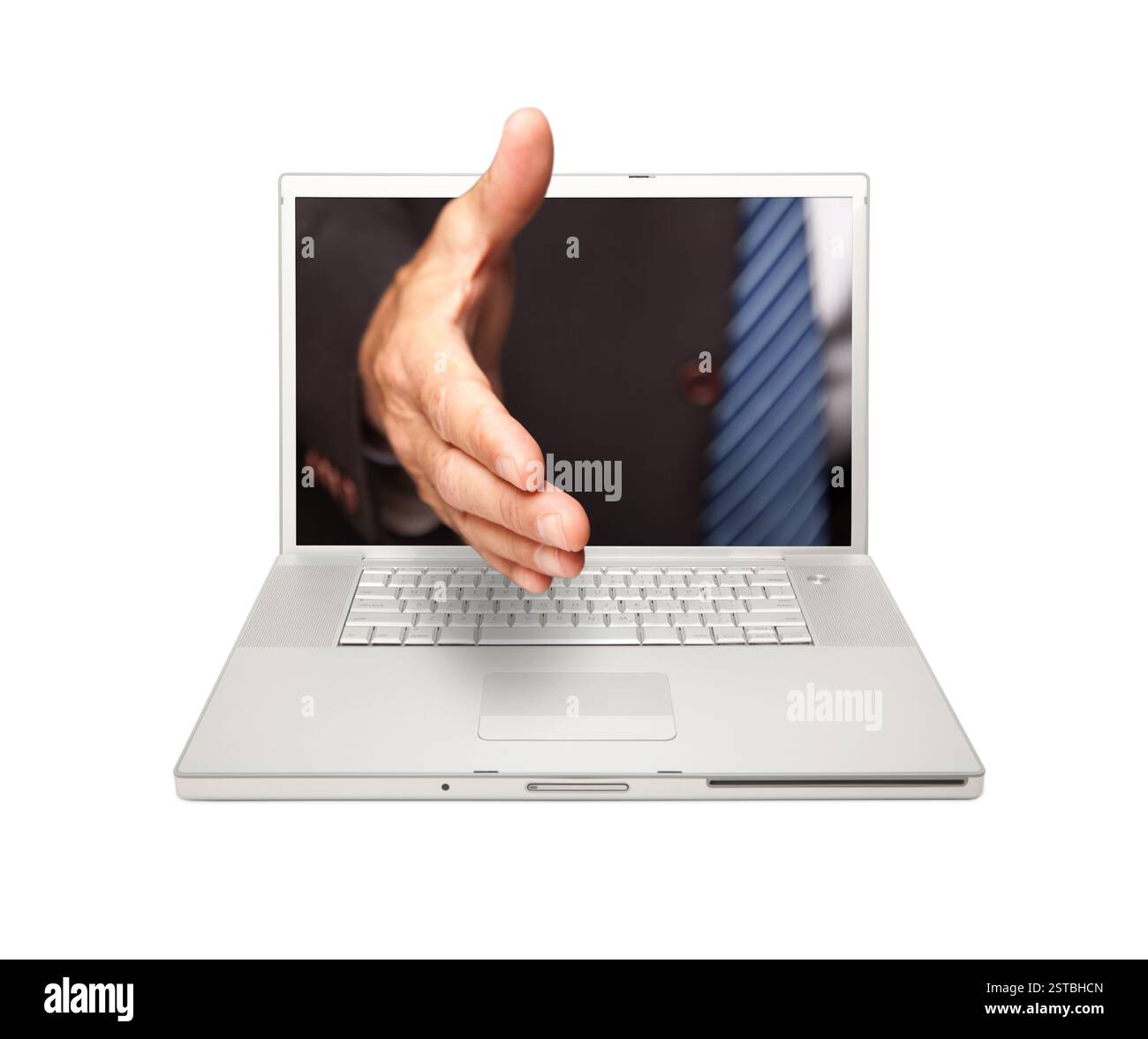 Man Reaching for a Handshake Through Laptop Screen Isolated on a White ...