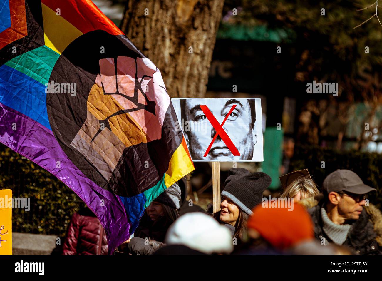 New York City, United States. 17th Feb, 2025. Protesters hold a rally ...