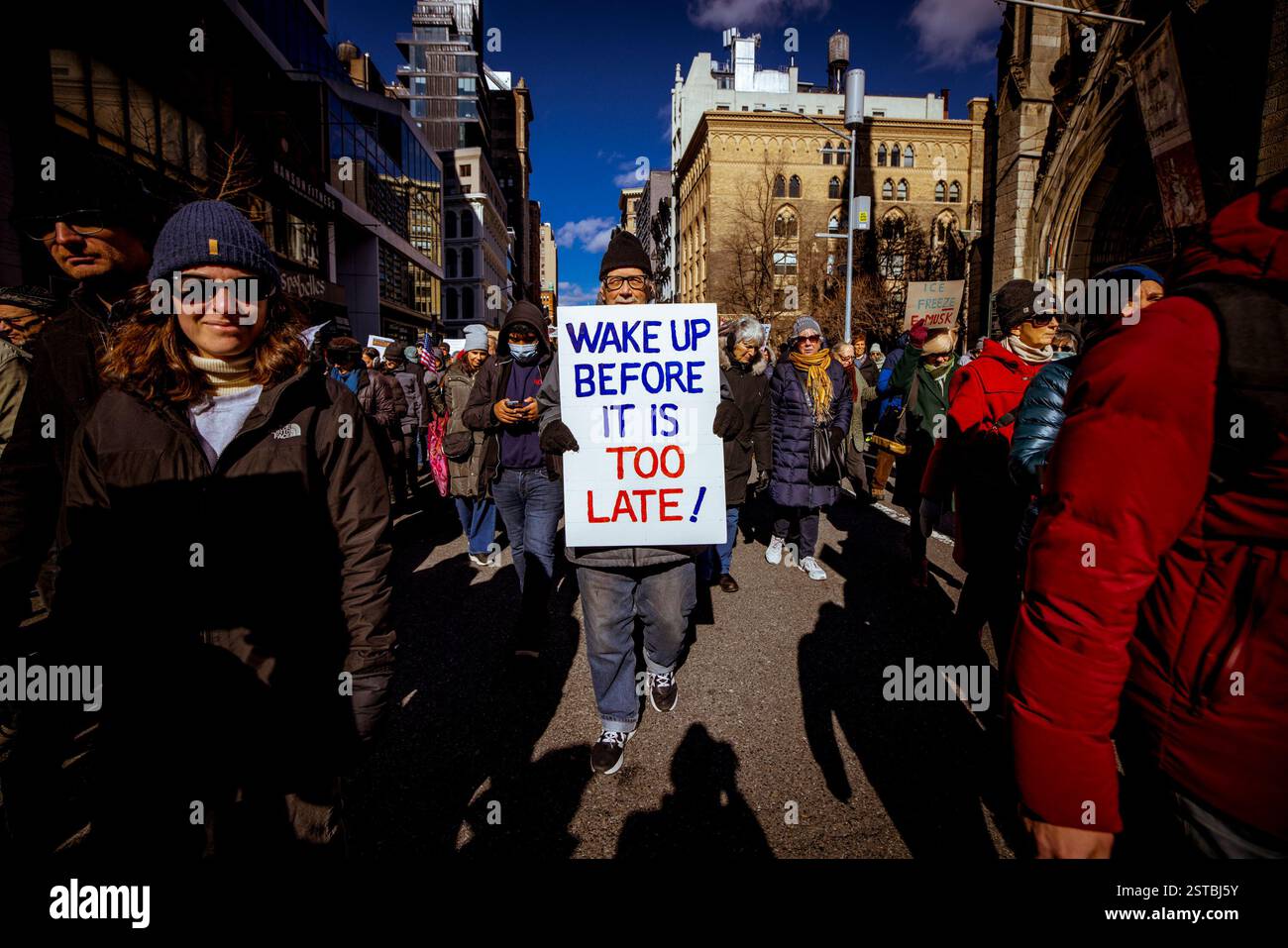 New York City, United States. 17th Feb, 2025. Protesters hold a rally ...