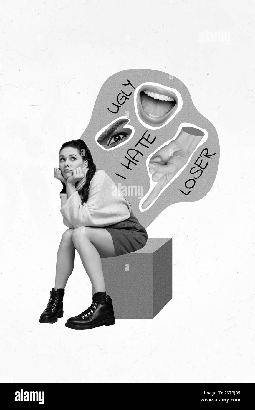 Creative picture photo artwork collage poster sketch of offended sad ...