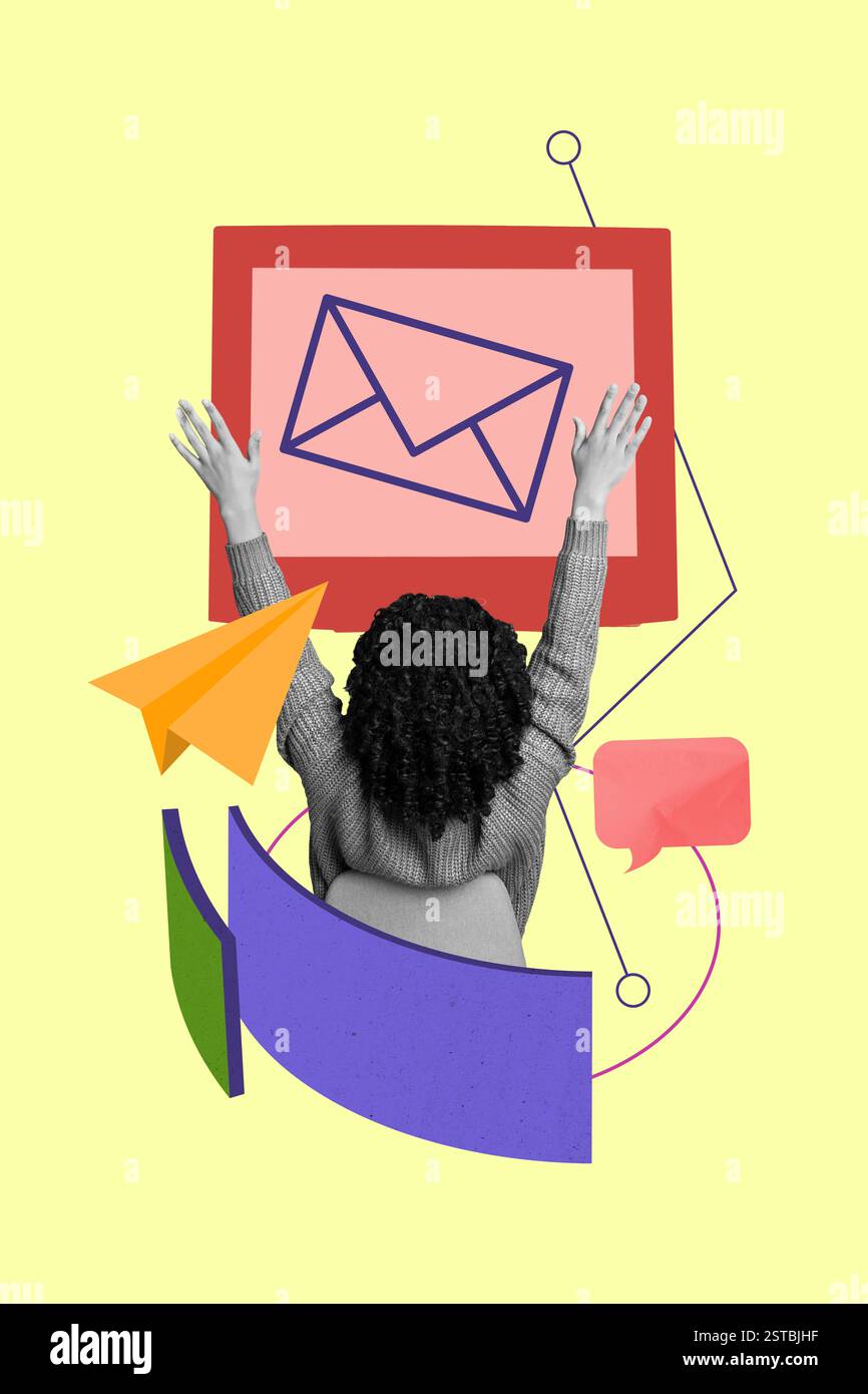 Poster image vertical photo collage of anonym girl sit back computer ...