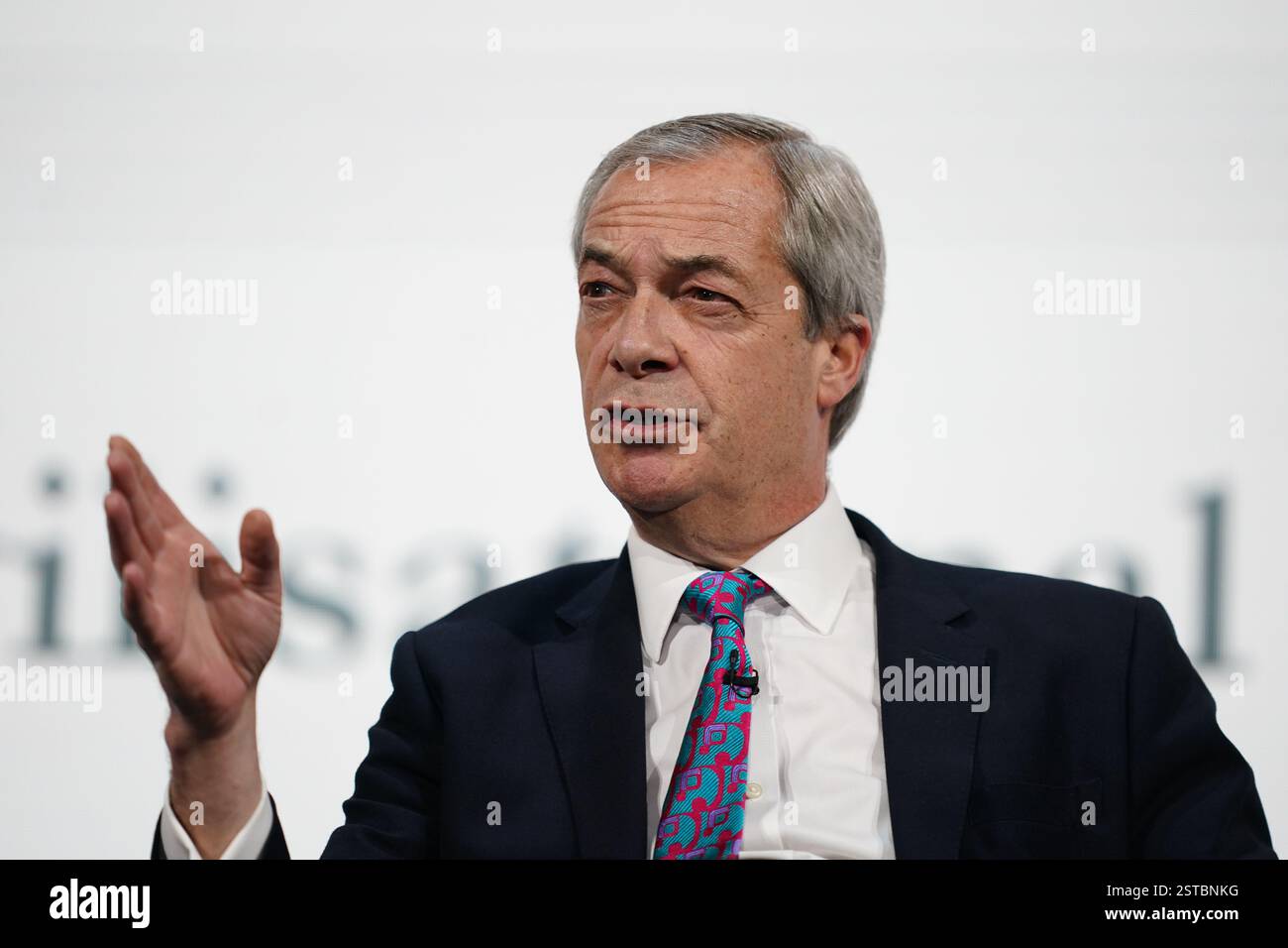 Reform UK leader Nigel Farage speaks during an interview with Jordan ...