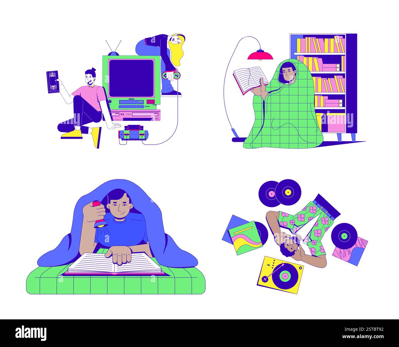 Nostalgic pastimes and retro technology cartoon flat illustrations set ...