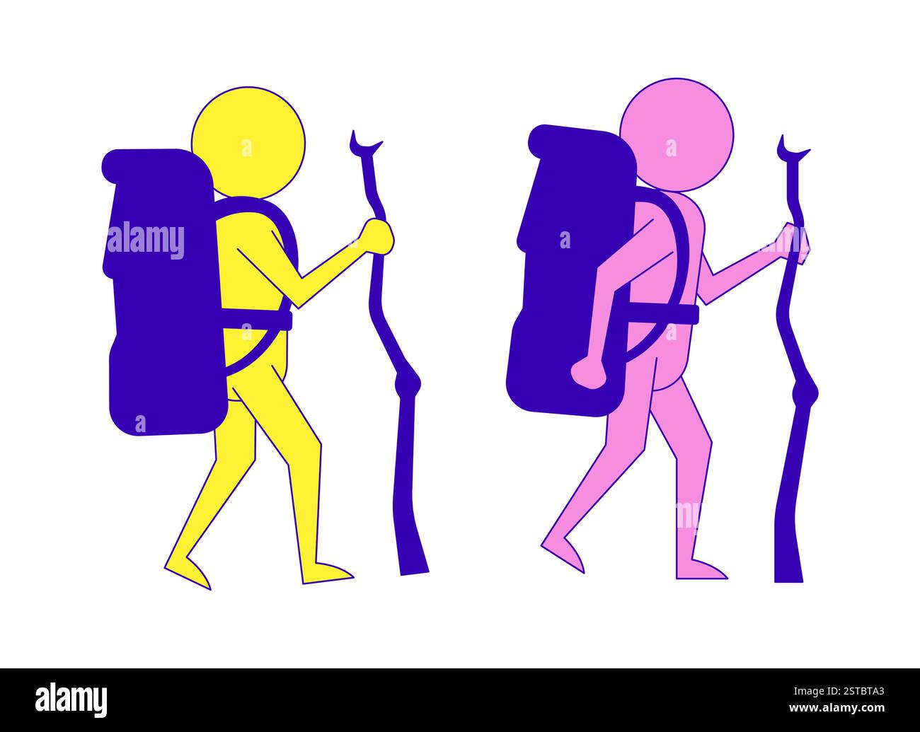 Two stick figures hikers with backpacks and walking sticks 2D cartoon ...