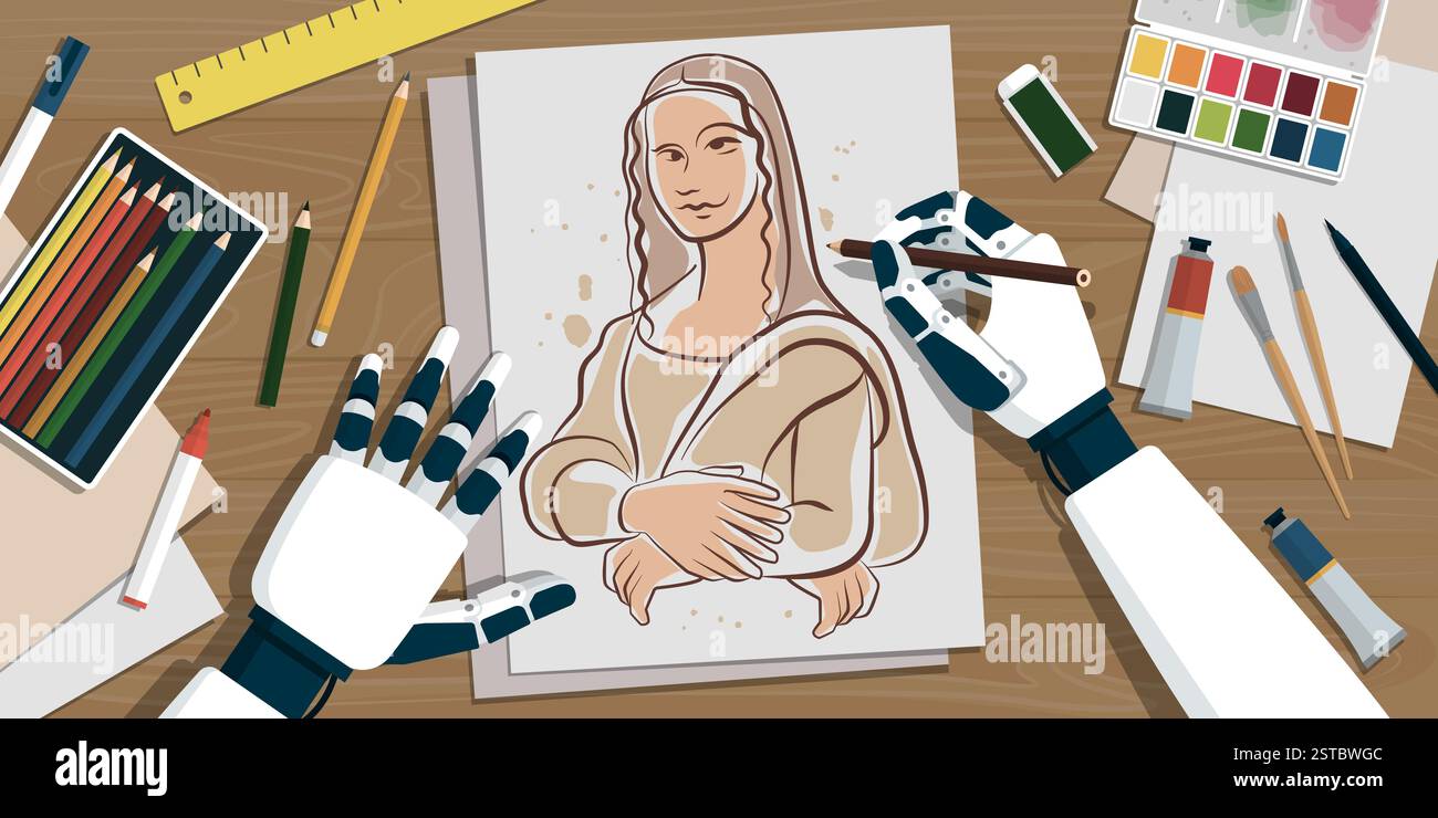Funny AI robot drawing a distorted creepy Mona Lisa: AI art fail Stock ...