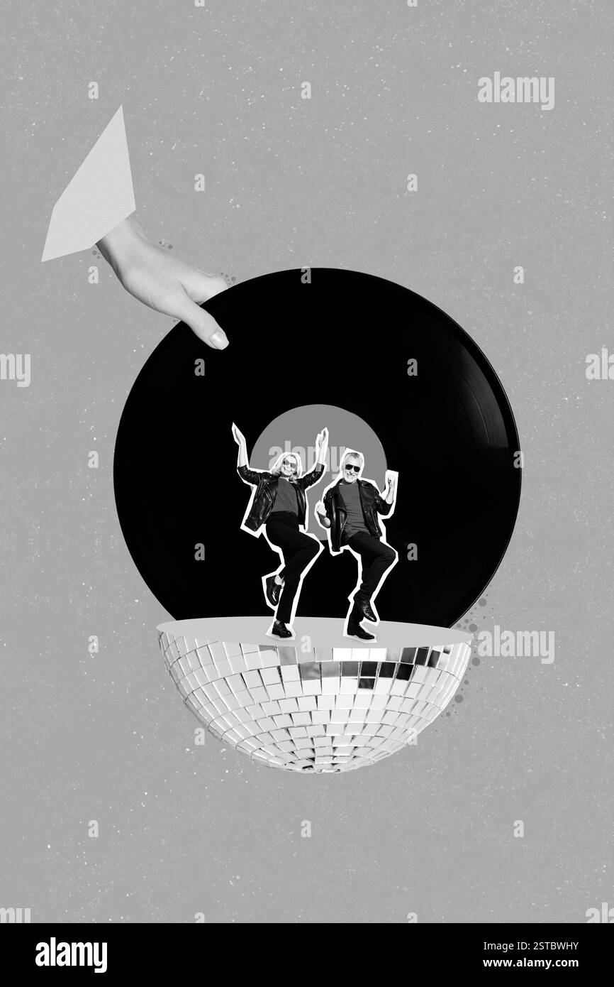 Vertical collage image of arm hold vinyl record two mini aged people ...