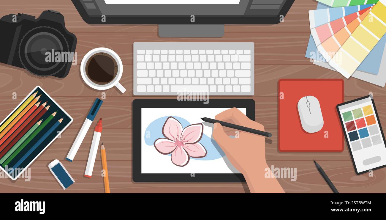 Creative graphic designer sitting at the desk and working, he is ...