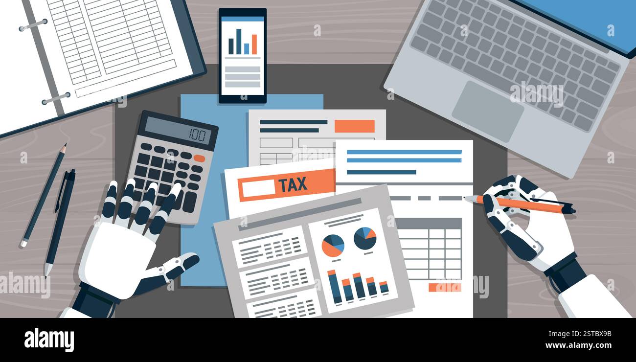 Accountant AI robot checking financial reports on the office desk ...