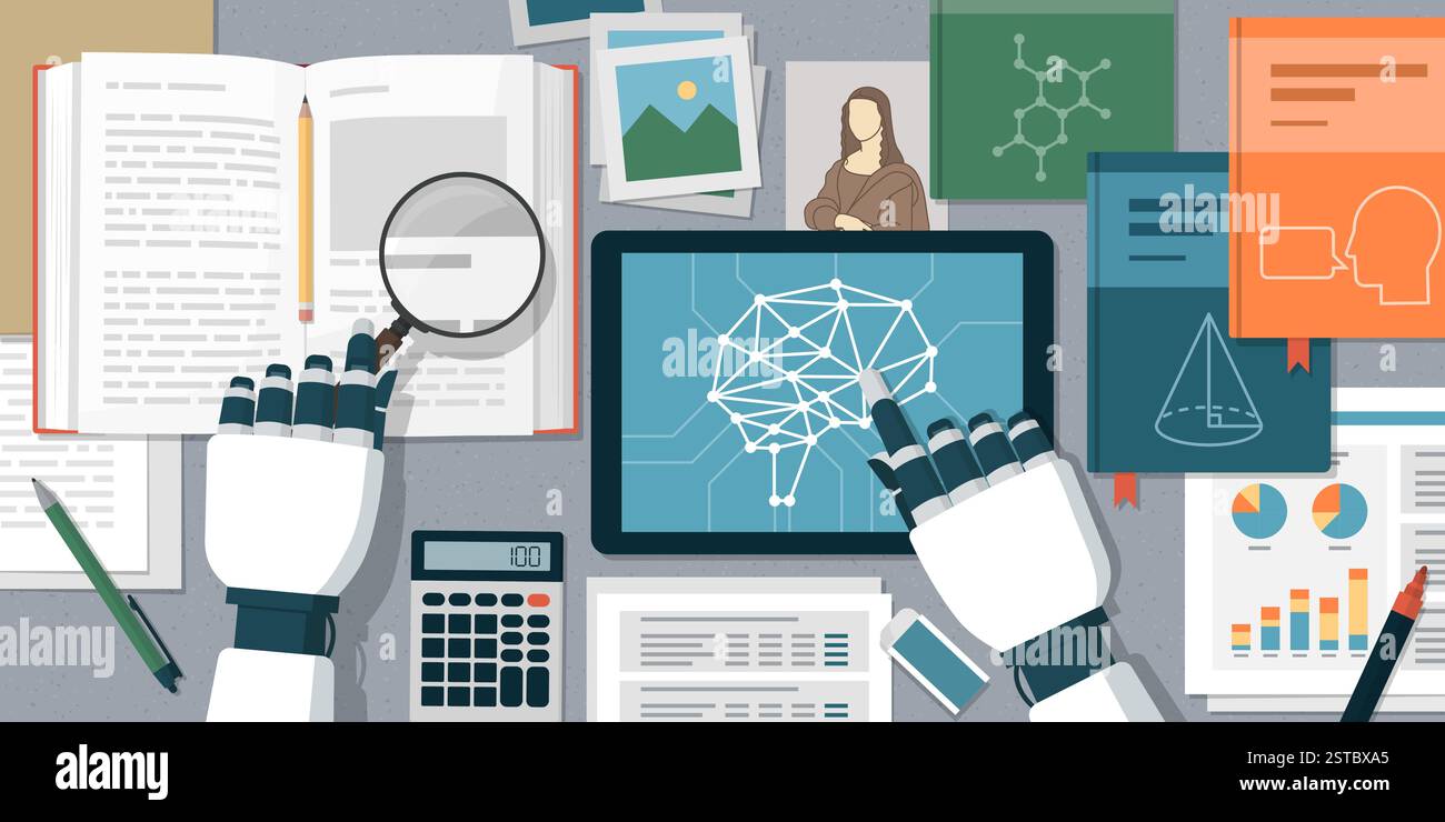 AI robot sitting at the desk, reading books and analyzing data, top ...