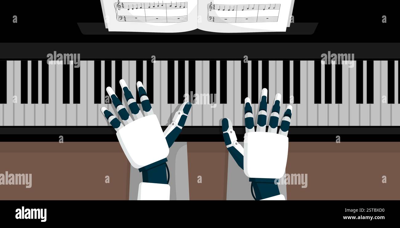 AI robot playing the piano, hands on the keyboard top view Stock Vector ...
