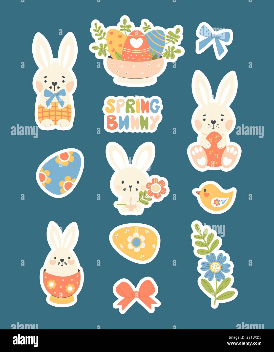 Cute Easter bunny stickers. Isolated spring rabbit animal, paschal ...