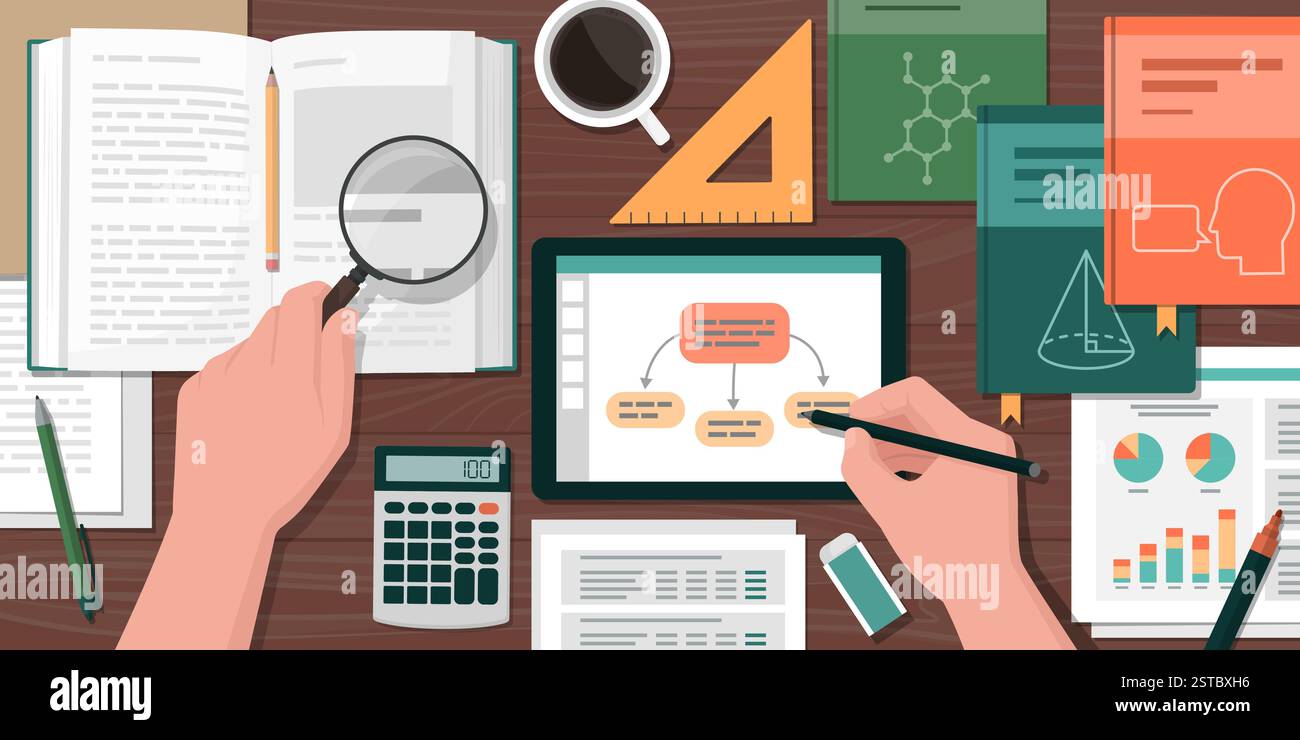 Adult student sitting at his desk and preparing for the exam, top view ...