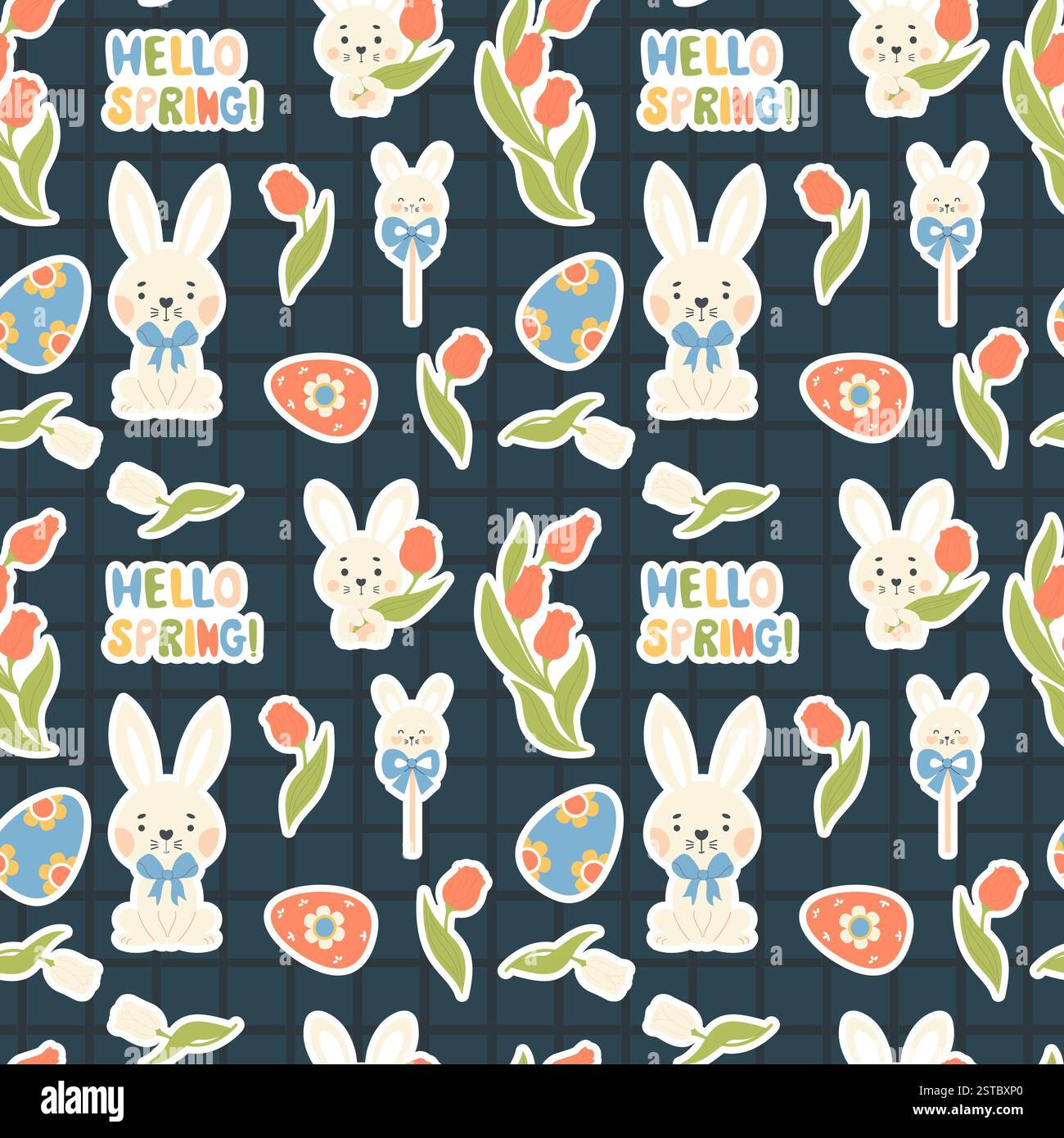 Easter Seamless pattern. Cute rabbit with flowers tulips and decorative ...