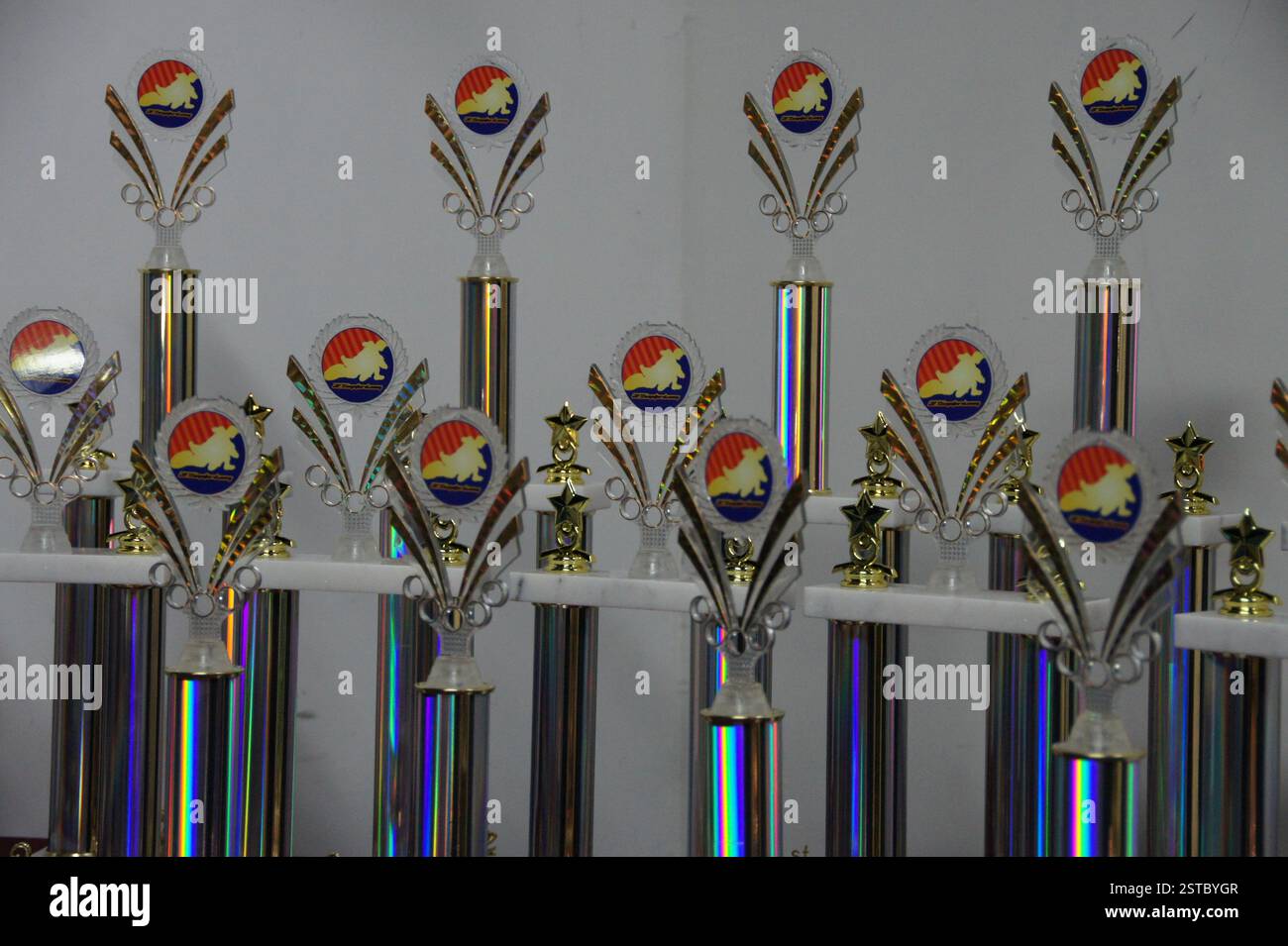 A cluster of trophies gleam on a table in Miami, a victorious ...