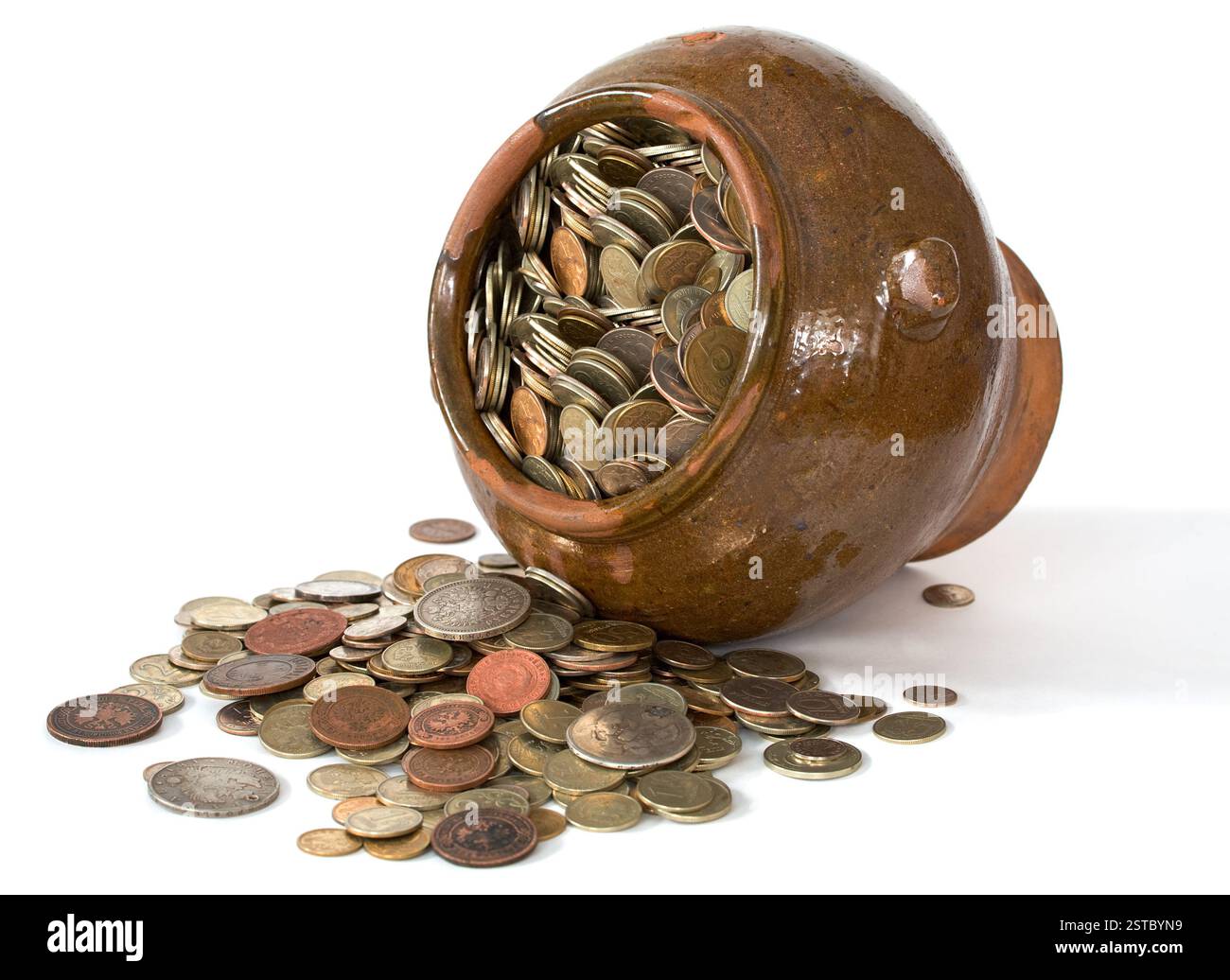 Clay pot with antique coins on the white background Stock Photo - Alamy