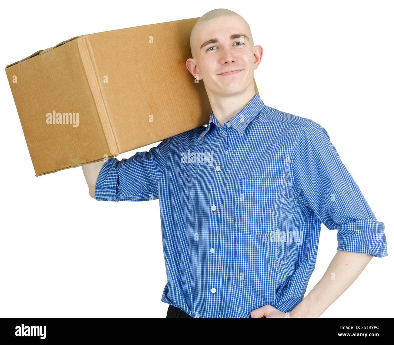 Courier with cardboard box Stock Photo - Alamy