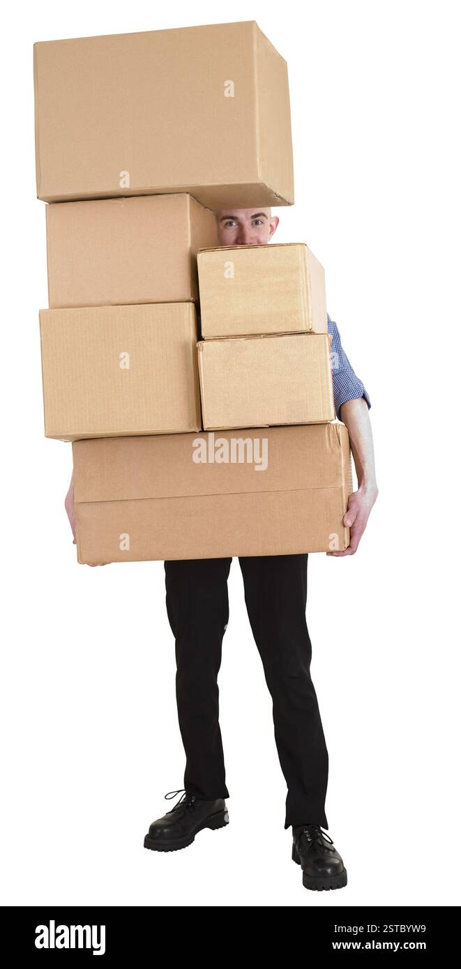 Man and pile carton boxes Stock Photo - Alamy