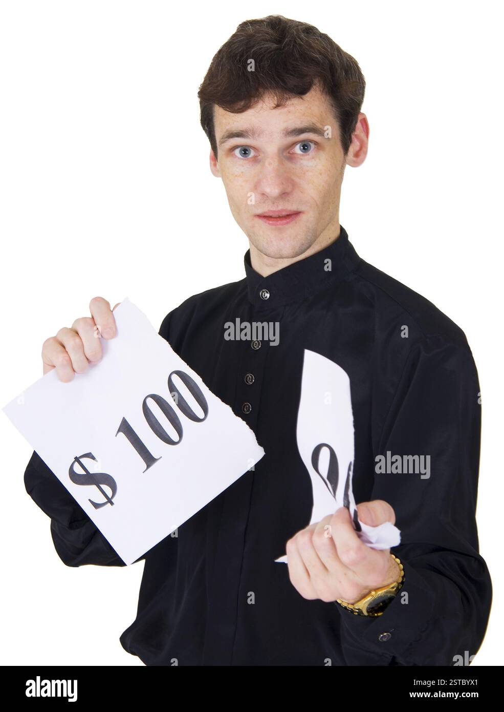 The person tearing off zero from number printed on a paper Stock Photo ...
