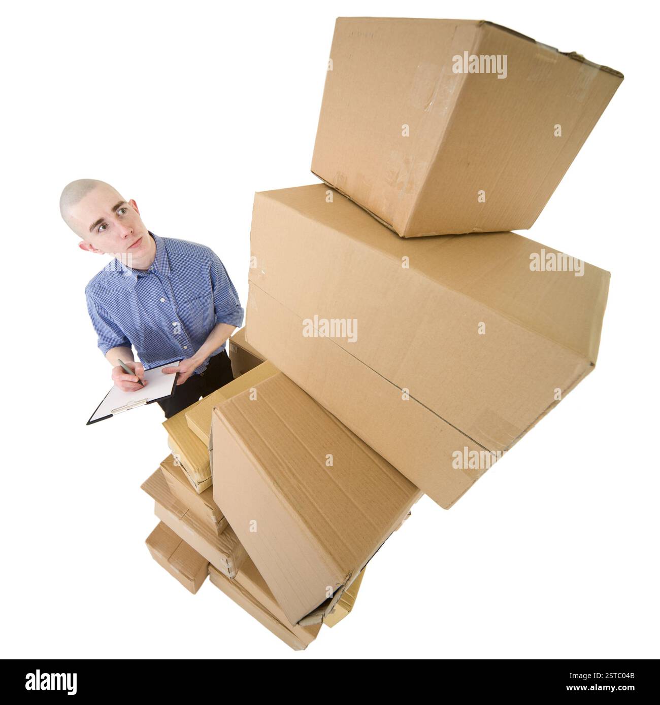 Man looking on pile cardboard boxes on white Stock Photo - Alamy