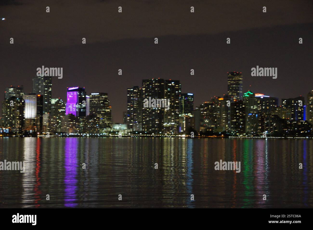 City skyline at night, purple lights reflected in water. Miami. Vibrant ...