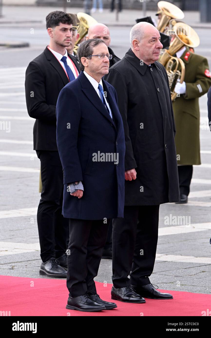 Hungarian President Tamas Sulyok, right, welcomes Israeli President ...