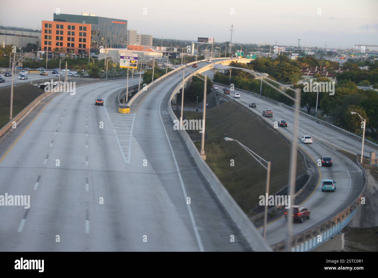 Miami highway packed with cars and trucks. Busy transportation artery ...